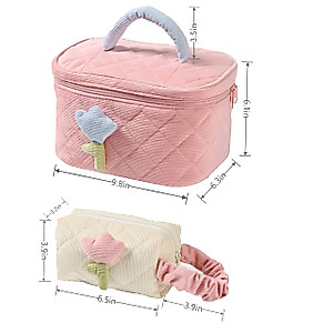 TrueLux Cute Corduroy Makeup Bag Set of 2(Cream),Quilted Travel Cosmetic Organizer Bag with Tulips, Velvet Toiletry Bag with Portable Makeup Pouch for Women Girls