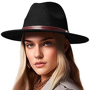 LADYBRO Fedora Hats for Women Wide Brim Hat, Incld 3 Decor Belts, Wool Felt, 58cm Adjustable Women's Fedora