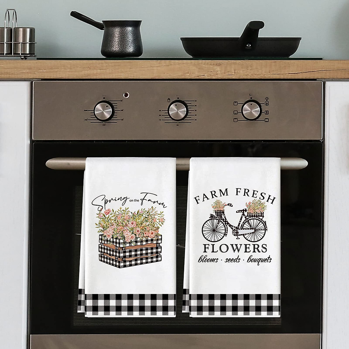 AnyDesign Spring Kitchen Towels Watercolor Farmhouse Floral Dish Towel Rustic White Black Buffalo Plaids Hand Drying Tea Towel for Cooking Baking Cleaning Wipes, Set of 4, 18 x 28 Inch