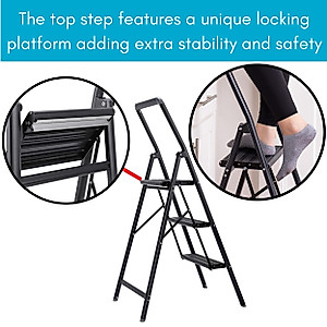 BIRDROCK HOME Slim Aluminum Step Ladder - Lightweight Folding Step Stool for Kitchen, Home, Tall Cabinets, or Closet - Compact Narrow Metal Stepstool with Anti-Slip Steps - 3 Step Ladder for Adults