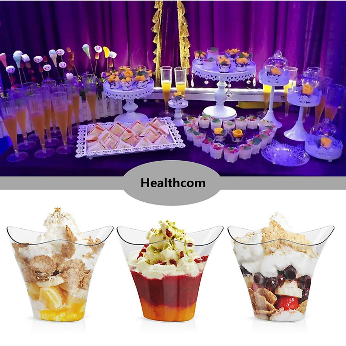 Healthcom 50 Pcs/set 3.3 Oz 100ml Plastic Dessert Cups with Spoons Swirl Triangle Ice Cream Dessert Bowls Disposable Dessert Cups Appetizers Cups Salad Bowl Tasting Sample Cup for Party Wedding