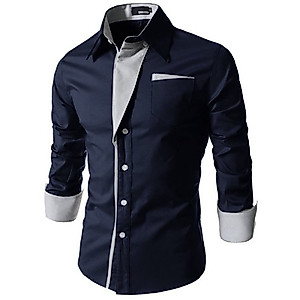 Mens Long Sleeve Stylish Dress Shirts Patchwork Casual Button Down Shirts Turn-Down Collar Shirt Top with Pockets (Dark Blue,XX-Large)