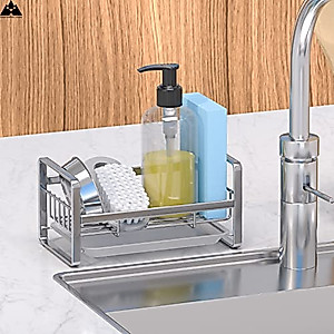 VOLCANOES CLUB Kitchen Sink Sponge Holder with Dish Soap Dispenser & Sponge | Stainless Steel Countertop Sponge Rack | Over The Sink Caddy Organizer with Removable Drain Tray - Silver/Small