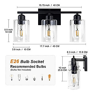 GZDEZCL Bathroom Vanity Light Fixtures, 3-Light Bathroom Wall Light Matte Black Bathroom Wall Lamp Modern Wall Sconce Lighting with Clear Glass Shade for Mirror Bedroom Powder Room Hallway(17.7 Inch)