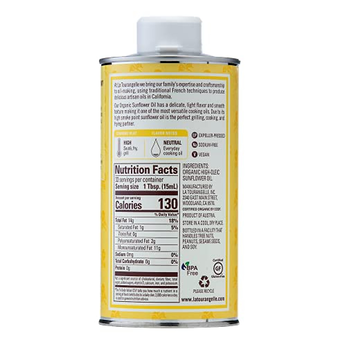 La Tourangelle, Organic High Oleic Sunflower Oil, Neutral Oil For Medium to High Heat Cooking and Skin Care, Non GMO, Pesticide and Chemical Free, 16.9 Fl Oz