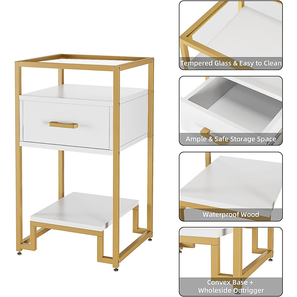 Nightstand Set of 2, End Table with Storage Drawer and 3-Tier Storage & Tempered Glass Top, Bedside Furniture with Steel Frame, Side Table for Bedroom, Dorm, Easy Assembly, White and Gold