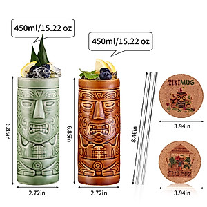 SUN GKOTTA Tiki Glasses for Cocktails Tiki Mugs Set of 2 Ceramic Tiki Party Cups Bar Decor Creative Tiki Mug Set Large Hawaiian Glasses Tiki Drinking Bar Decorations with Coaster and Straws