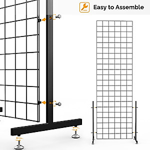 Bonnlo 2' x 6' Standing Grid Panel Tower, Thicker 5mm Wire, 180 LBS Weight Capacity Grid Wall with T-Legs, Grid Rack for Retail Display with Extra Hooks (1)