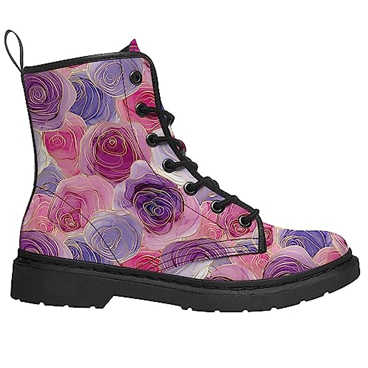 ipodry Boots for Women Alcohol Ink Floral Flower Pink Purple Rose Print Combat Boots Hiking Shoes Gifts for Woman Lady,US Size 9 Men/10.5 Women