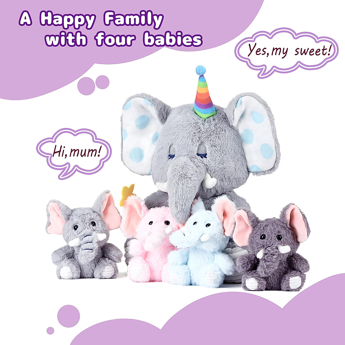 EARTHSOUND Elephant Mom and Baby Stuffed Animal Mommy Plush Toy,16” Cute Small Mama Soft Toys with Little Babies,Family Set Gifts for Kid