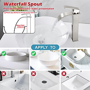 Midanya Bathroom Sink Faucet Waterfall Spout Single Handle 1 Hole Deck Mount Mixer Tap Lavatory Vanity Vessel Faucet Commercial with Pop Up Drain,Tall, Brushed Nickel