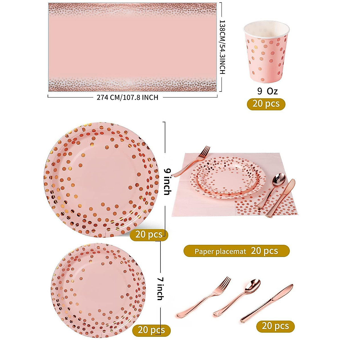 Nkaiso 141 Pieces Pink and Rose Gold Party Supplies, Party Dinnerware Sets Include Paper Plates Napkins Cups Silverware, for Wedding Bridal Shower Engagement Birthday Parties Decoration -20 Serves