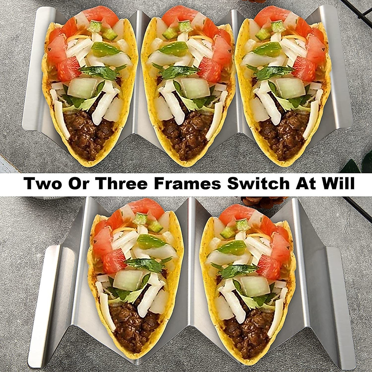 RHBLME 6 Pack Taco Holders, Stainless Steel Taco Tray with Handle, Stylish Taco Shell Holders for 3 Tacos, Use as a Taco Rack to fill Tacos with Ease - Safe for Dishwasher, Oven and Grill