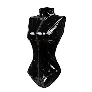 bslingerie Sexy Wet Look PVC Zip Up Clubwear Leather Bodysuit Teddy (Black Teddy, L)