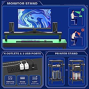 Unikito 2 Person Computer Desk with LED Light and Power Outlet, Double Gaming Desk, Large Workstation with Storage and Printer Stand, Long Desk, Office Work Desk with Shelf, Writing Study Table, Black