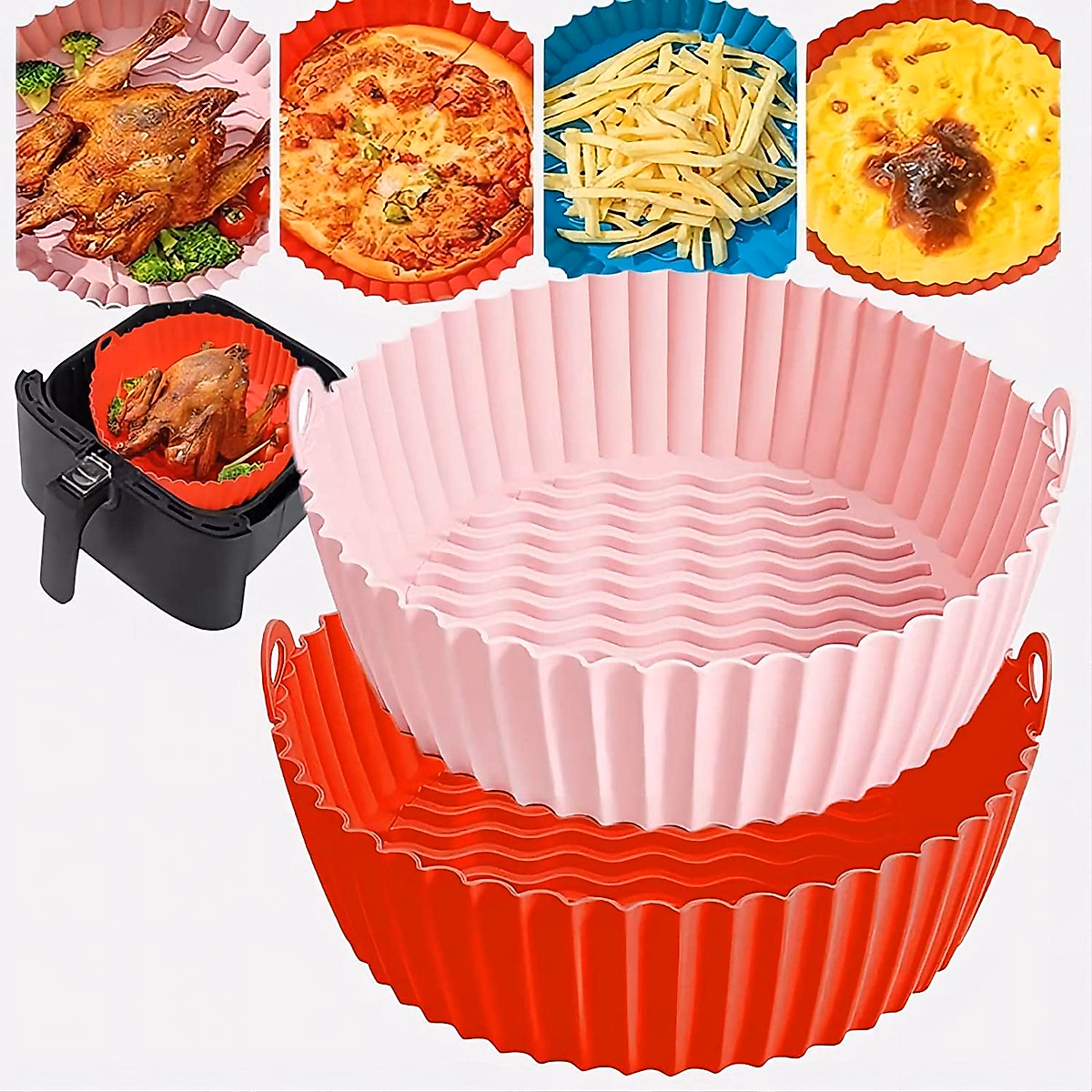 Best 2-Pack Silicone Air Fryer Liner 7.5 inch diameter Reusable Silicone Basket tray pan Heat Resistant Easy Cleaning Air fryers Silicone Pot Round for 3 to 5 Qt Airfryer Oven Accessories (Pink&Red)