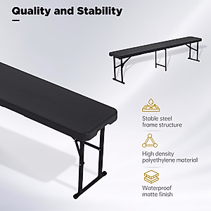 Winlice 2 Pack 6FT Folding Bench, Portable Bench with Handle and Non-Slip Pad, HDPE Camping Bench for Indoor Outdoor, Picnic, Garden, Football Activities, Black Wood Grain