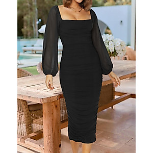 ZESICA Women's 2024 Sexy Ruched Bodycon Midi Dress Long Puff Sleeve Square Neck Backless Cocktail Party Wedding Dresses,Black,Medium