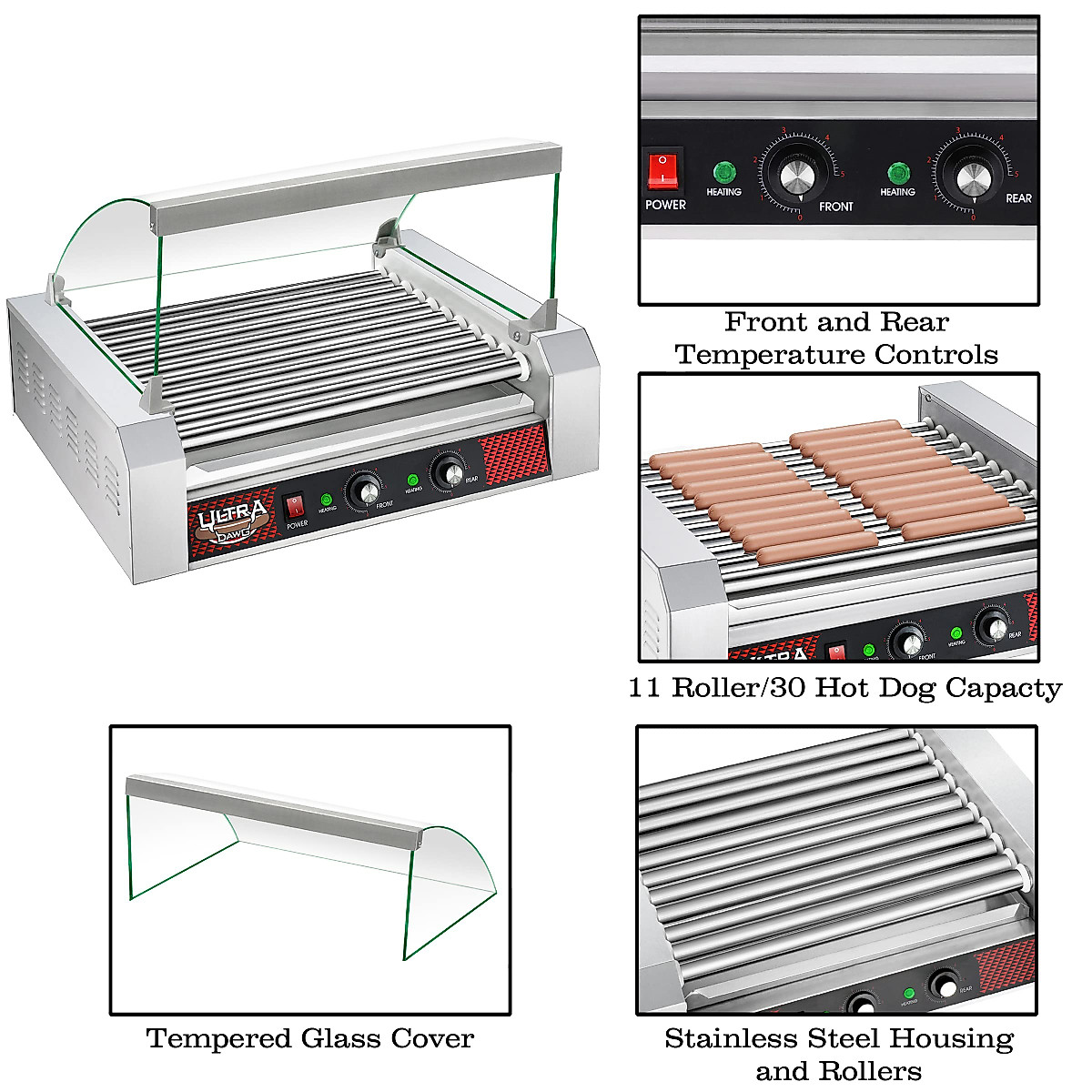 11 Roller Hot Dog Machine with Tempered Glass Cover – Countertop Hot Dog Roller Makes Up to 30 Hotdogs, Brats, or Sausages by Great Northern Popcorn