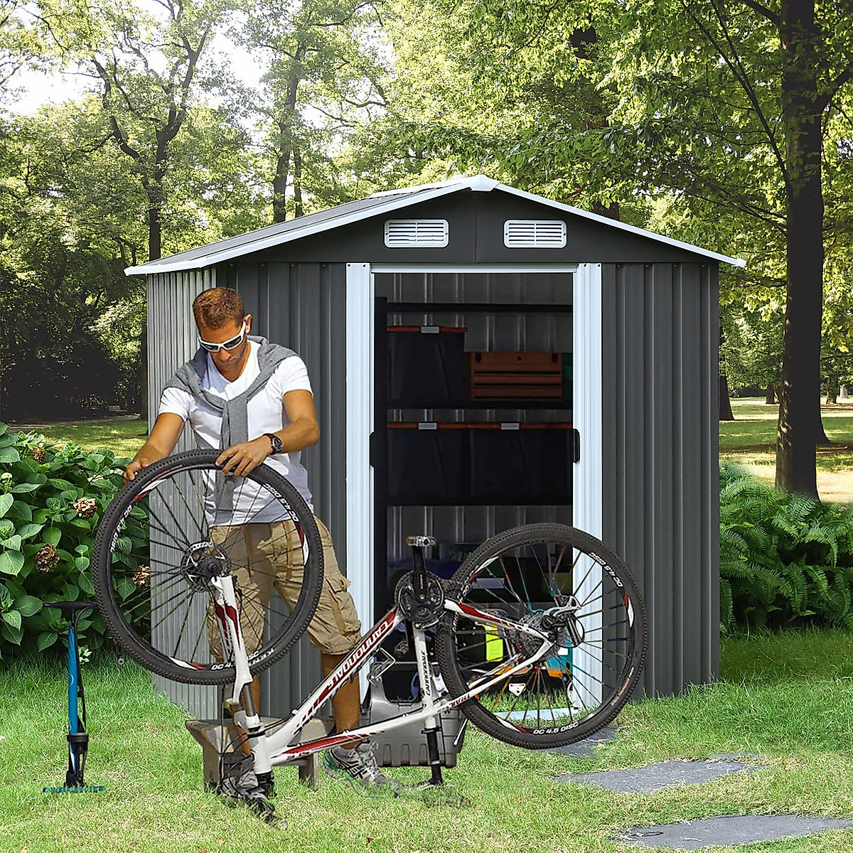 6' x 4' Outdoor Storage Shed, Outdoor Metal Storage Sheds with Sliding Door for Bike, Garden Shed Small Tool Outside Storage Cabinet for Backyard, Patio, Lawn, Spire