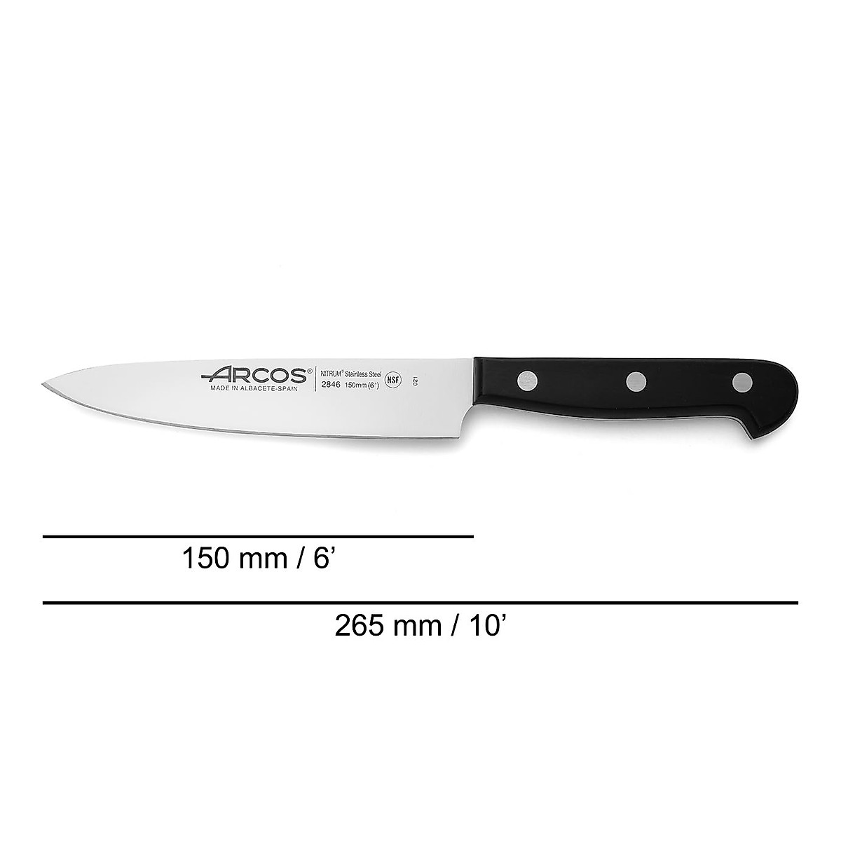 ARCOS Chef Knife 6 Inch Stainless Steel. Cooking Knife to Cut and Peel Small Food. Ergonomic Polyoxymethylene Handle and 150mm Blade. Series Universal. Color Black