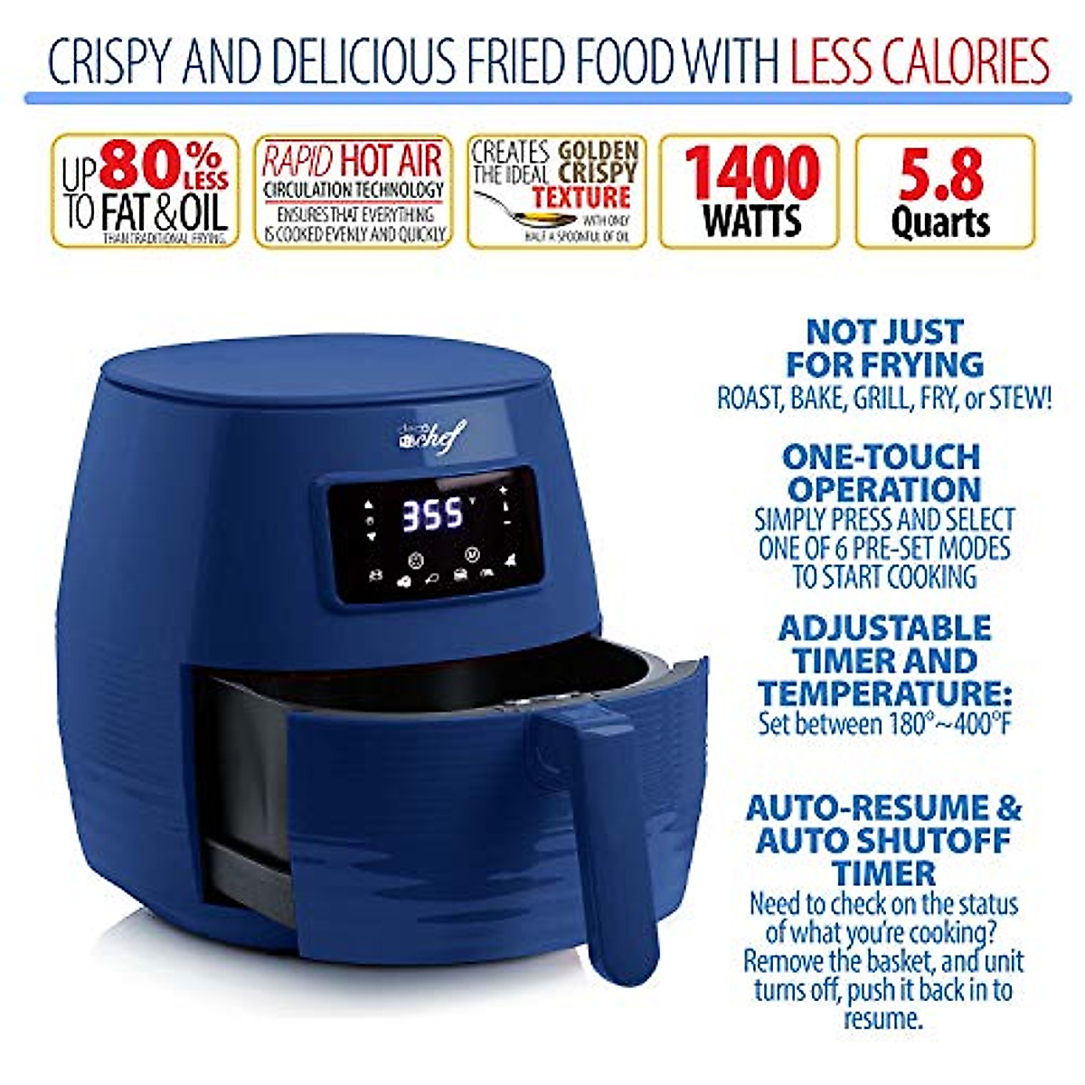 Deco Chef 5.8QT (19.3 Cup) Digital Electric Air Fryer with Accessories and Cookbook- Air Frying, Roasting, Baking, Crisping, and Reheating for Healthier and Faster Cooking (Blue)