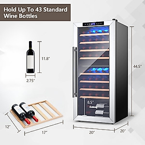 COSTWAY 20-Inch Wine Cooler Refrigerator, Dual Zone Wine Fridge with 8 Wooden Shelves for 43 Bottles of Wine, Freestanding Wine & Beverage Refrigerator for Home Office Bar