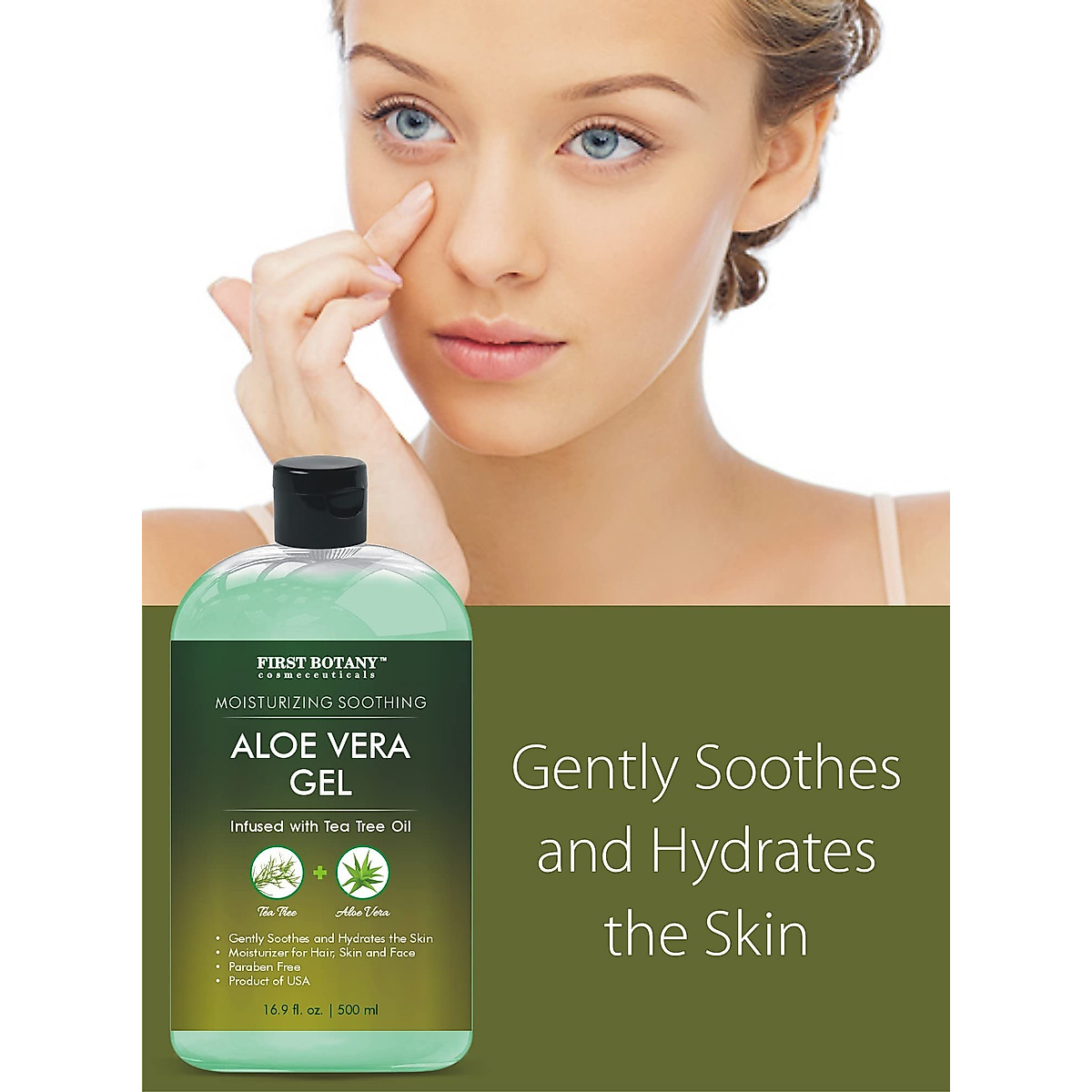 First Botany, Aloe Vera Gel from 100 Percent Pure Aloe Infused with Tea Tree Oil - Natural Raw Moisturizer for Hand Sanitizing Gel, Skin Care, Hair Care, Sunburn, Acne & Eczema -16.9 fl oz | 500 ml