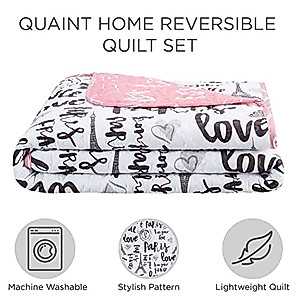 Quaint Home, Pillows, and Shams, 4-Piece Quilt Set, Twin, Bonjour Paris Pink/White/Black
