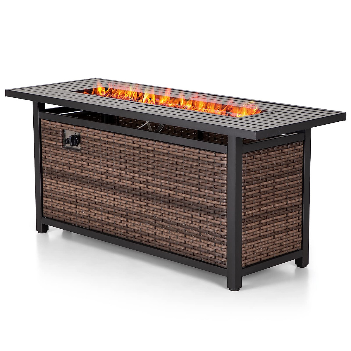 MFSTUDIO 56 Inch PE Rattan Gas Fire Pit Table,50000 BTU Rectangular Outdoor Propane Fire Pit Table with Waterproof Cover and Blue Stone for Patio Courtyard Balcony,Brown