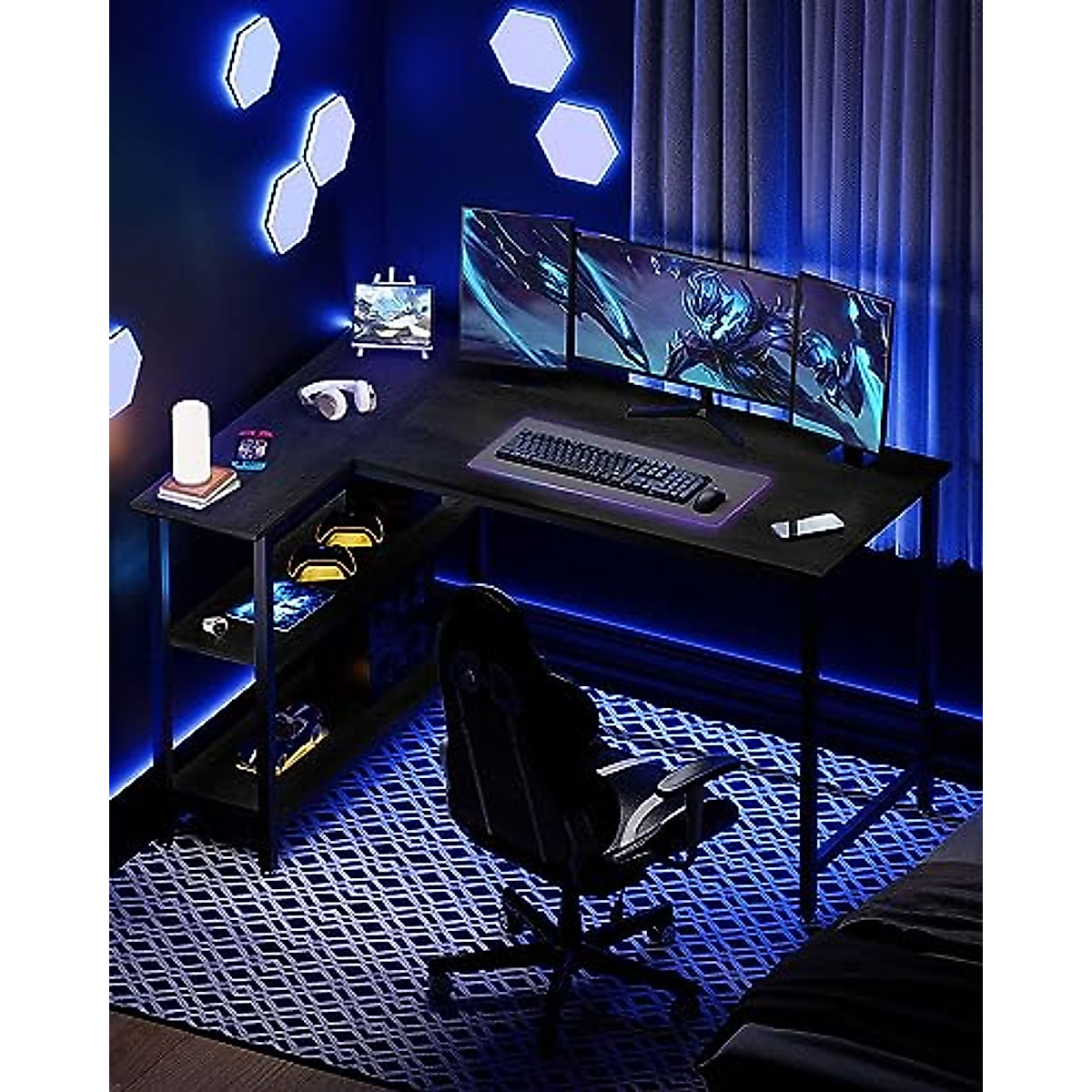 WOODYNLUX L Shaped Computer Desk - Home Office Desk with Shelf, Gaming Desk Corner Table for Work, Writing and Study, Space-Saving, Black