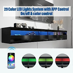 EXQUAL Modern Floating TV Stand, Black, 70.8''L x 16.3''W x 11.8''H, Wall Mounted TV Shelf with LED Lights & Power Outlet, 110 lbs Weight Capacity, for Living Room & Bedroom