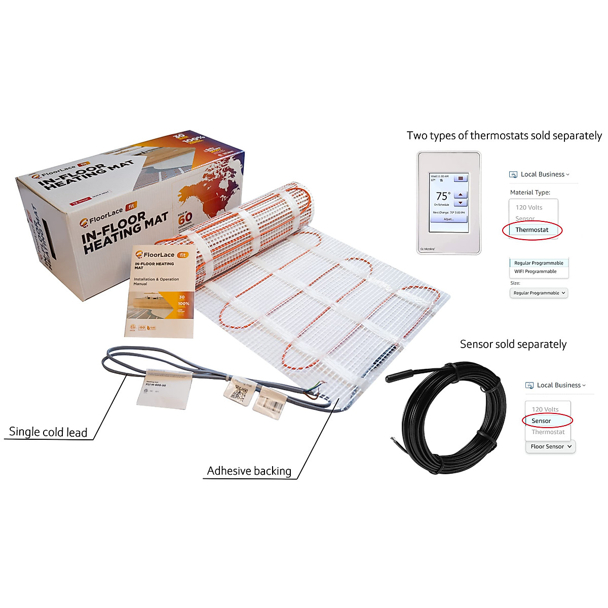 FloorLace FIT Electric Heated Floor Mat - Radiant Heating Mat for Under Tile, Laminate, Stone - Self-Adhesive Underfloor Heat Mat - Flooring Heating Kit (120 Volts, 15 SQFT)