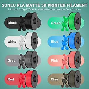 SUNLU 3D Printer Filament, PLA Matte and Silk Filament Bundle, 1.75mm PLA Filament Muticolor, 250G Spool, 8 Rolls, Black+White+Red+Blue+Green+Pink+Grey+Clay