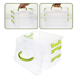 3-Tier Stackable Storage Container Box Handled Organizer Storage Box Stackable Carry Box with Removable Tray Transparent Storage Case Stack Carry Storage Box