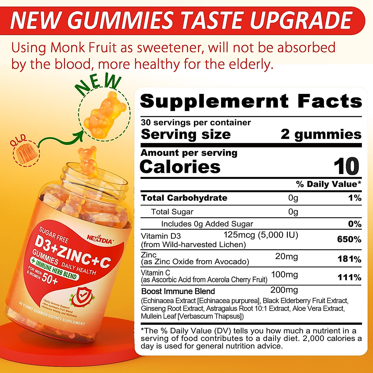 Sugar Free Vitamin C + D3 + Zinc Gummies for Adults 50 +, 9 in 1 Immune Defense Supplement with D3 5000IU, Elderberry, Echinacea, Mullein Leaf for Boost Immunity, Power Antioxidant, Vegan (Pack of 2)