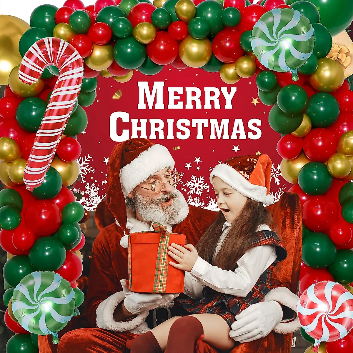 Christmas Decorations, Christmas Party Decorations-Christmas Balloon Arch Garland Kit with Green Red Candy Cane Balloons, Merry Christmas Backdrop Banner Tablecloths for XMAS Decorations Supplies