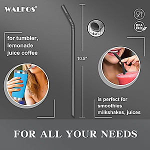Walfos Reusable Silicone Straws -10.5 Inch Flexible Drinking Bendy Straws for Smoothies/20 & 30 oz Tumblers, BPA Free (6 Wide Straws + 1 Cleaning Brushes ）