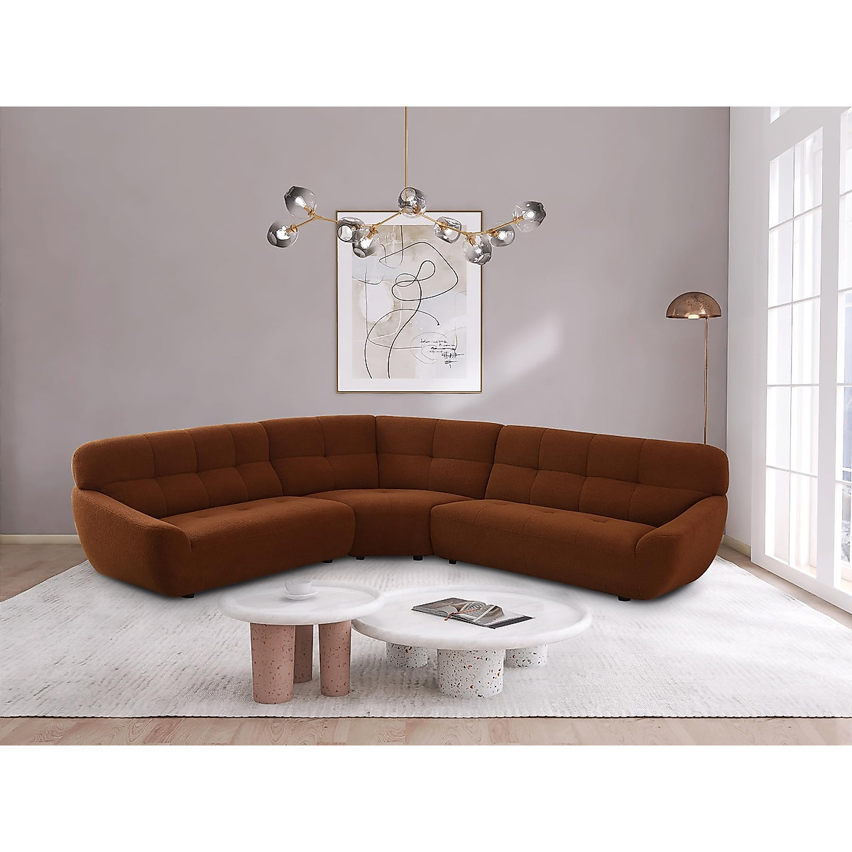 113'' Modular Sectional Sofa, Sherpa Lamb Fabric Original Design L Shaped Couch, 5 Seat Modern Corner Sofa with 3 Pillow for Living Room, Villa, Office (113''-Dark Orange)