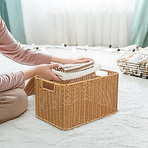 ABOOFAN Wicker Storage Basket with Lid Woven Rattan Seagrass Storage Box Rectangular Household Organizer Boxes Shelf Wardrobe Organizer Cube Clothes Container for Organizing
