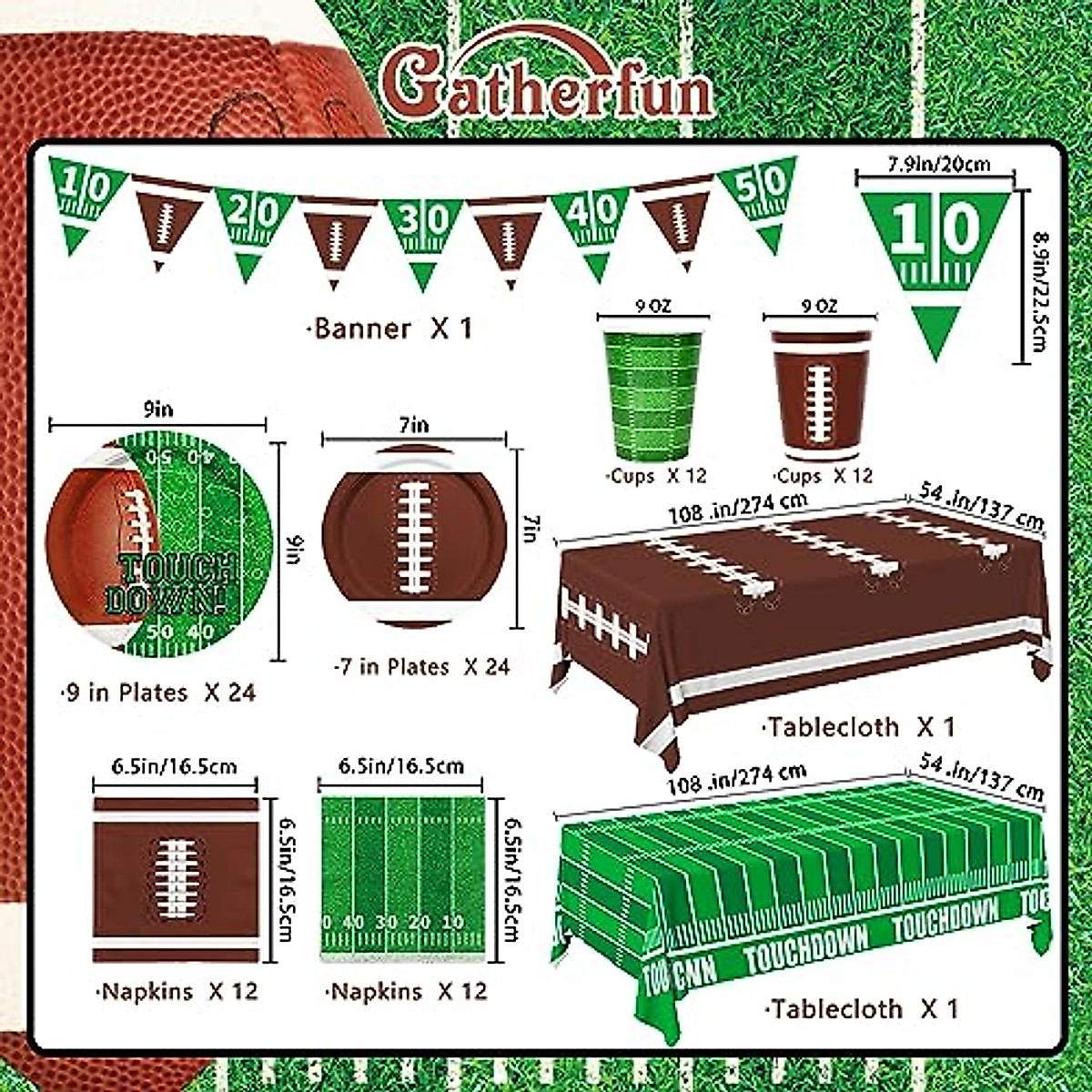 Football Party Supplies Kit Serve 24,Includes Dinner Plates, Dessert Plates, Napkins, Cups,Banner and Touchdown Tablecloth for Football Birthday Party Football Gameday Tailgate Party Decorations