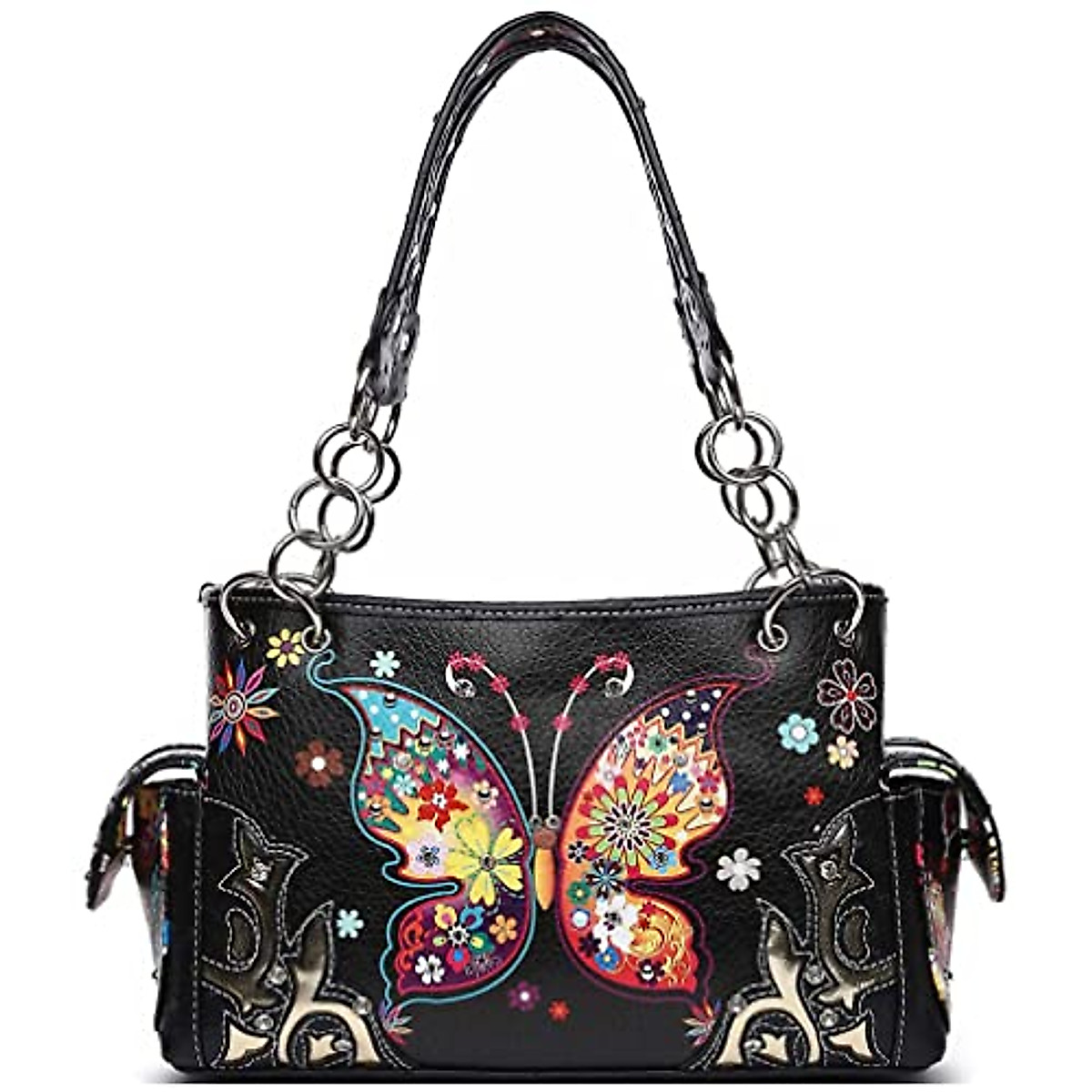 Colorful Butterfly Flower Western Purse Country Handbag Women Shoulder Bag Crossbody Wallet 4 Piece Set Black