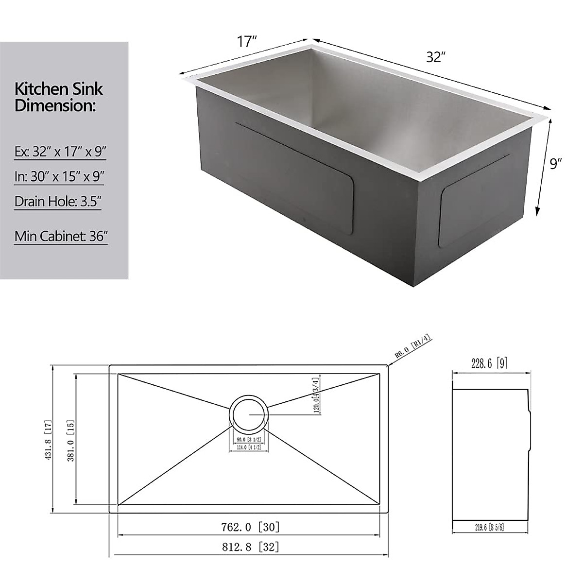 32 Undermount Stainless Steel Kitchen Sink - Dorzom 32"x17" 18 Gauge 9 Inch Deep Stainless Steel Single Bowl Under Mount Kitchen Sink Basin with Accessories