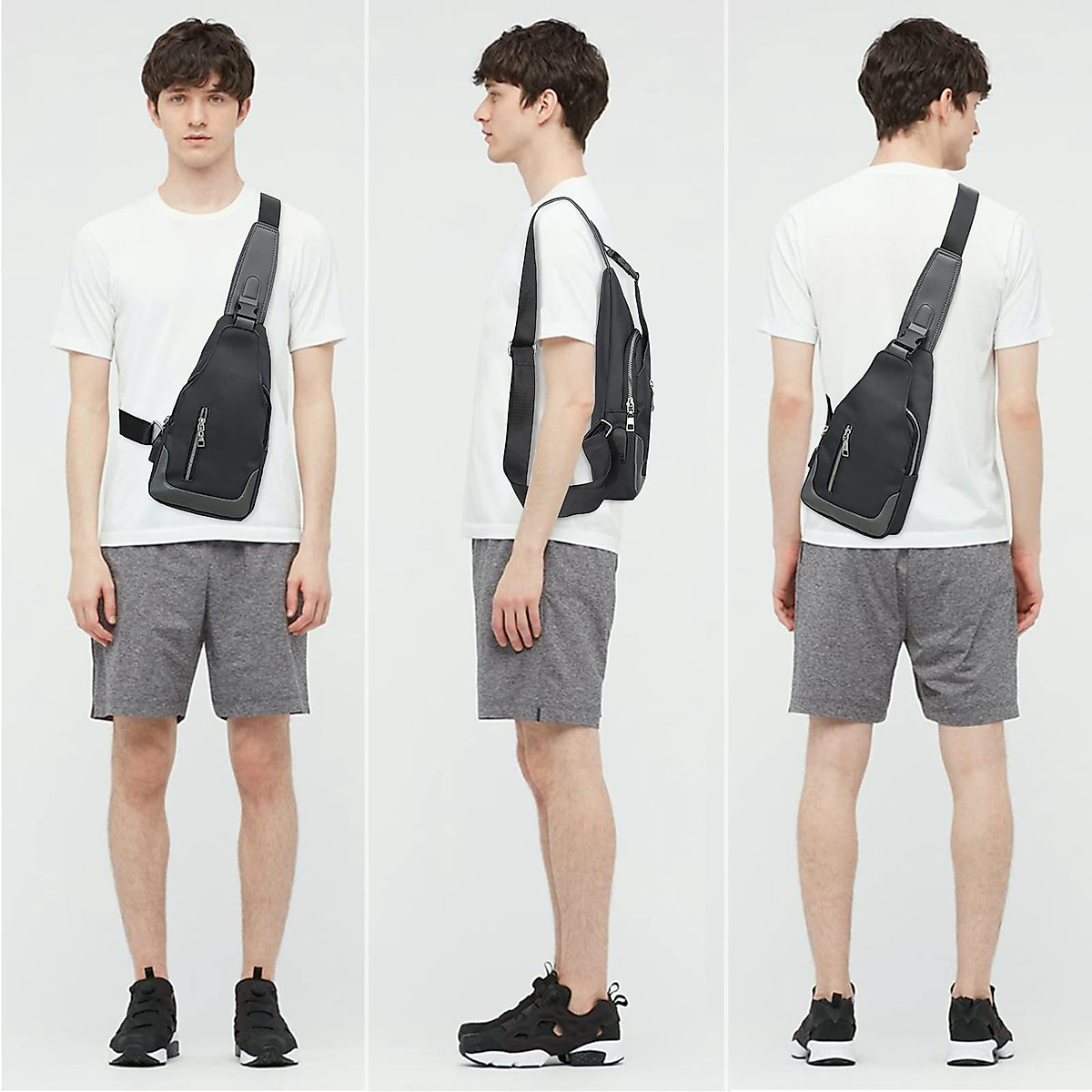 Long Keeper Crossbody Sling Shoulder Backpack Women Men Small Hiking Chest Bag Travel Cycling Daypack with USB Charging (Black)