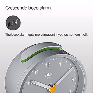 Braun Classic Analogue Alarm Clock with Snooze and Light, Quiet Quartz Movement, Crescendo Beep Alarm in Grey, Model BC12G.