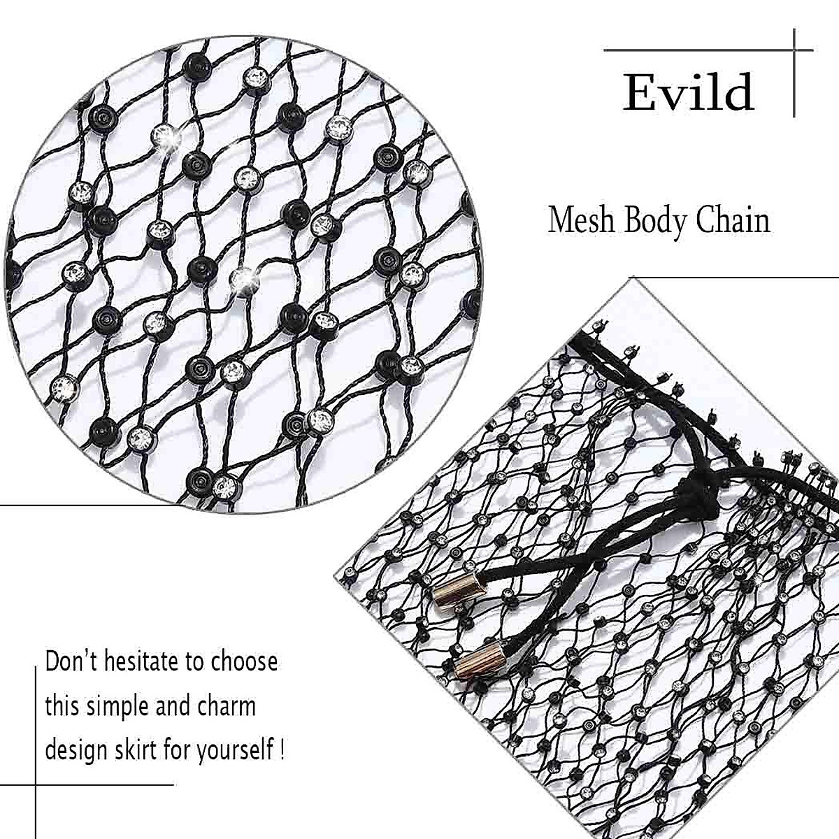 Evild Mesh Rhinestone Body Chain Black Glitter Elastic Belly Skirt Sparkly Party Waist Chain Statement Belly Chain for Women (Black)