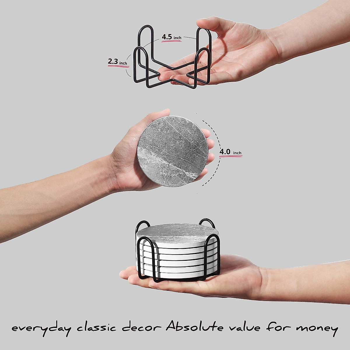 LIFVER Coasters for Drinks Absorbent, Living Room Decor, Ceramic Coasters Set of 6 with Cork Base, Protect Wooden Table or Furniture from Scratched, Drink Coasters with Holder - Grey