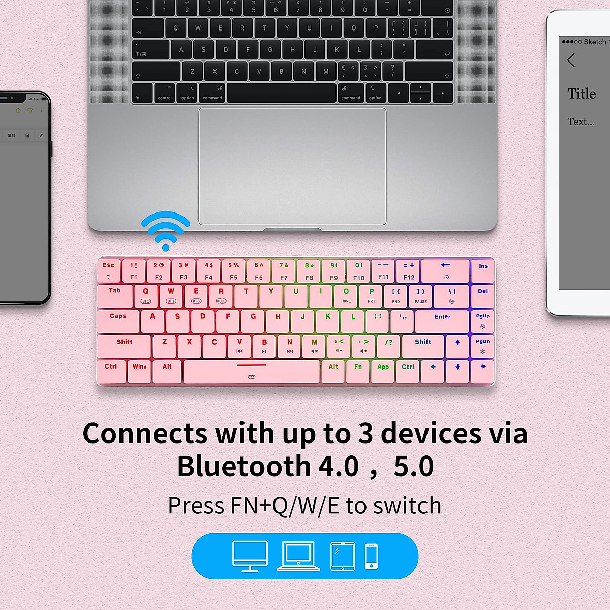 chuangquan CQ009 Mechanical Wireless/Wired Gaming Keyboard Bluetooth 5.0 RGB Backlit Blue Switch Compact 69 Keys Compatible with PC, Laptop and Smartphone (Pink)