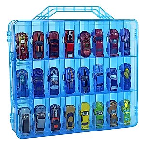 Bins & Things Hot wheels Display case and toy car storage organizer, Double sided 48 - Multi Compartment Plastic Car Toy Organizer Compatible with Lego, LOL Surprise Matchbox cars storage case - Blue