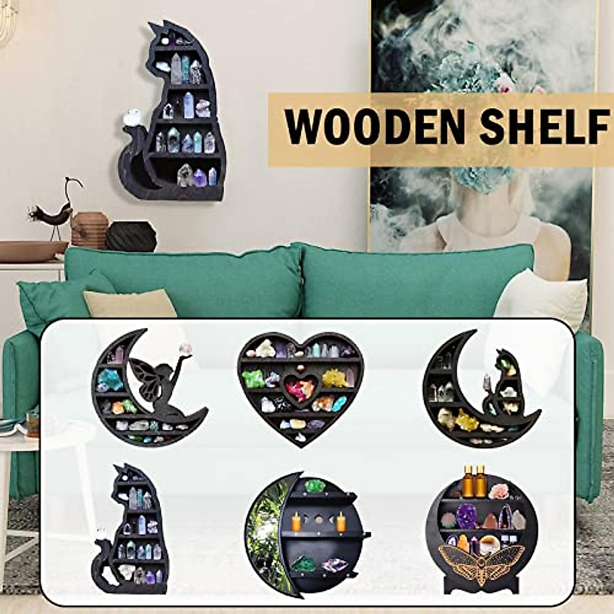Cat On The Moon Crystal Wood Shelf, Wooden Crystal Display Shelf, Moon Cat Wooden Floating Shelf Gothic Witchy Room Decoration, Multi Color